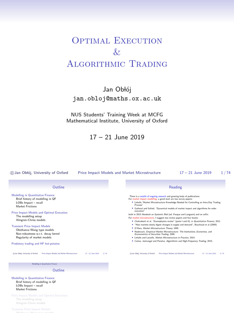 Optimal Execution & Algorithmic Trading: Jan Ob L Oj Jan - Obloj@maths ...