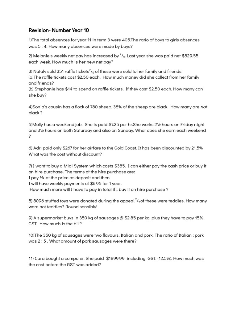 Year 10 Math Problem Set | PDF | Games & Activities | Cooking, Food & Wine