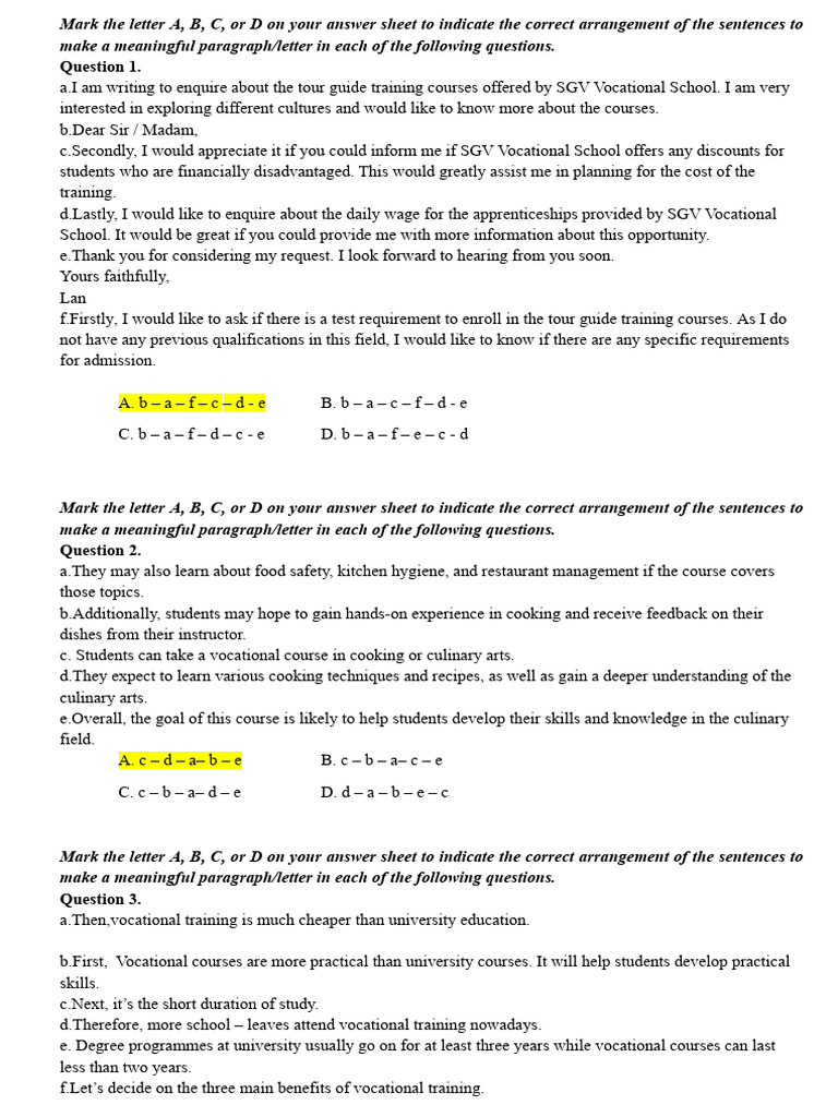 Sentence Arrangements Ôn Thi Gi A Kì 2 L P 11 | PDF | Internship | Job Hunting