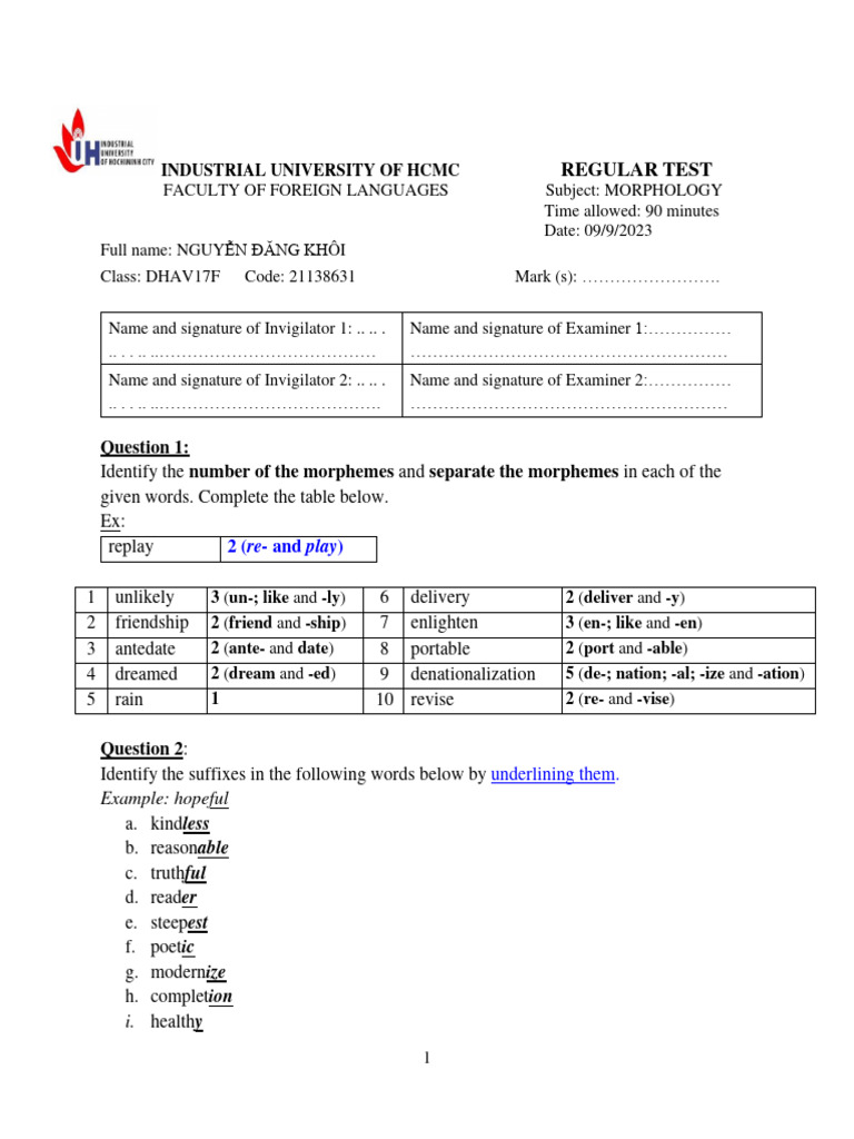 Regular Test 1.1 NGUYEN DANG KHOI 21138631 | PDF | Adjective | Noun