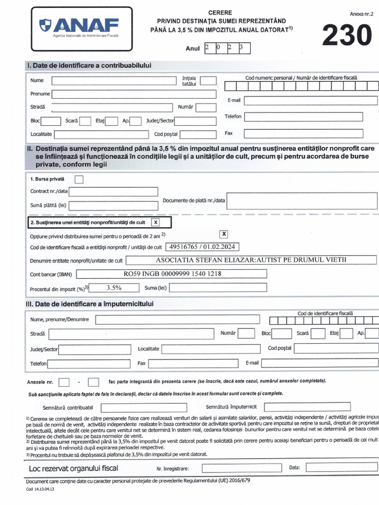 Formular 230 - Autist Pe Drumul Vietii - 2023 | PDF