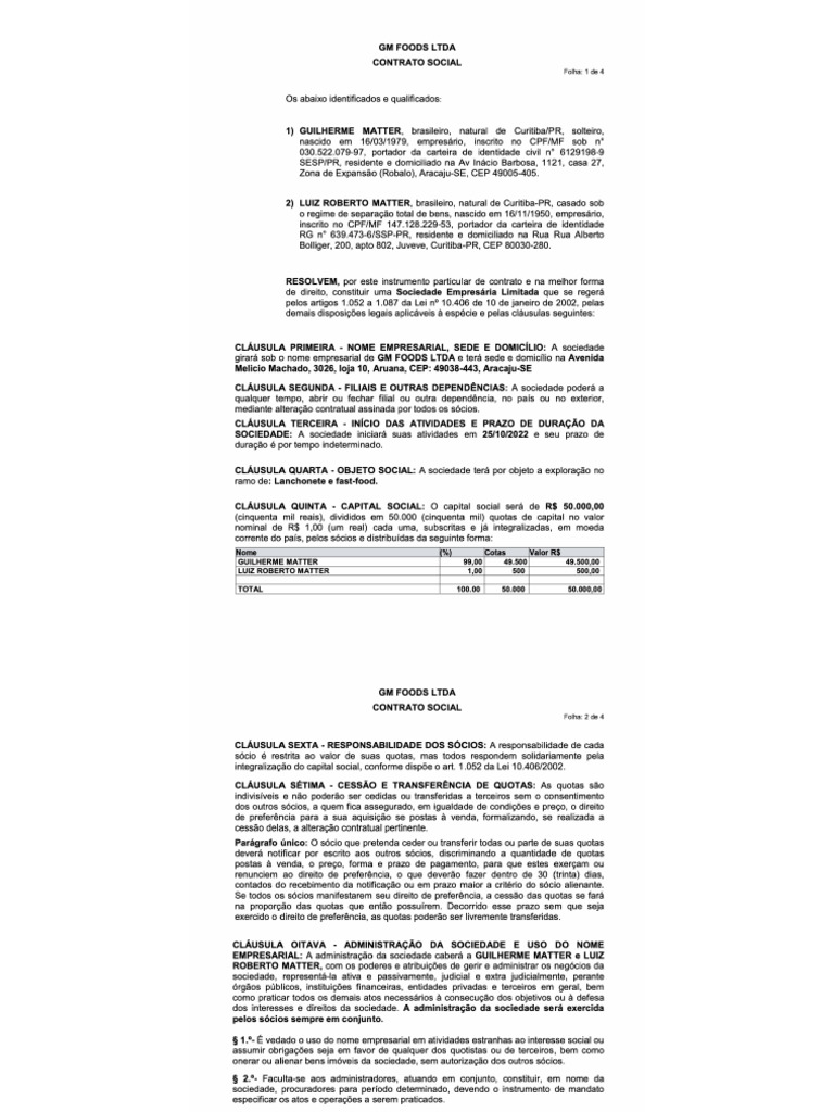 Microsoft Word - GM FOODS - Contrato Social - Contrato GM Foods-1 | PDF