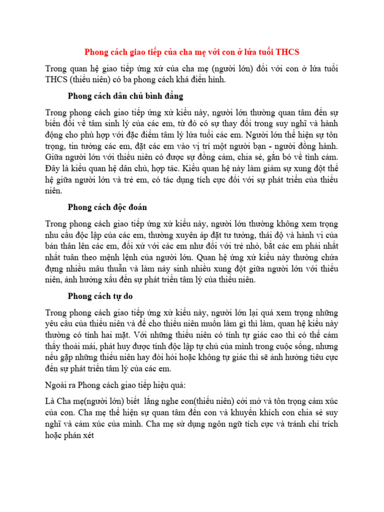 Phong Cách Giao Tiếp Của Cha Mẹ Với Con ở Lứa Tuổi THCS | PDF