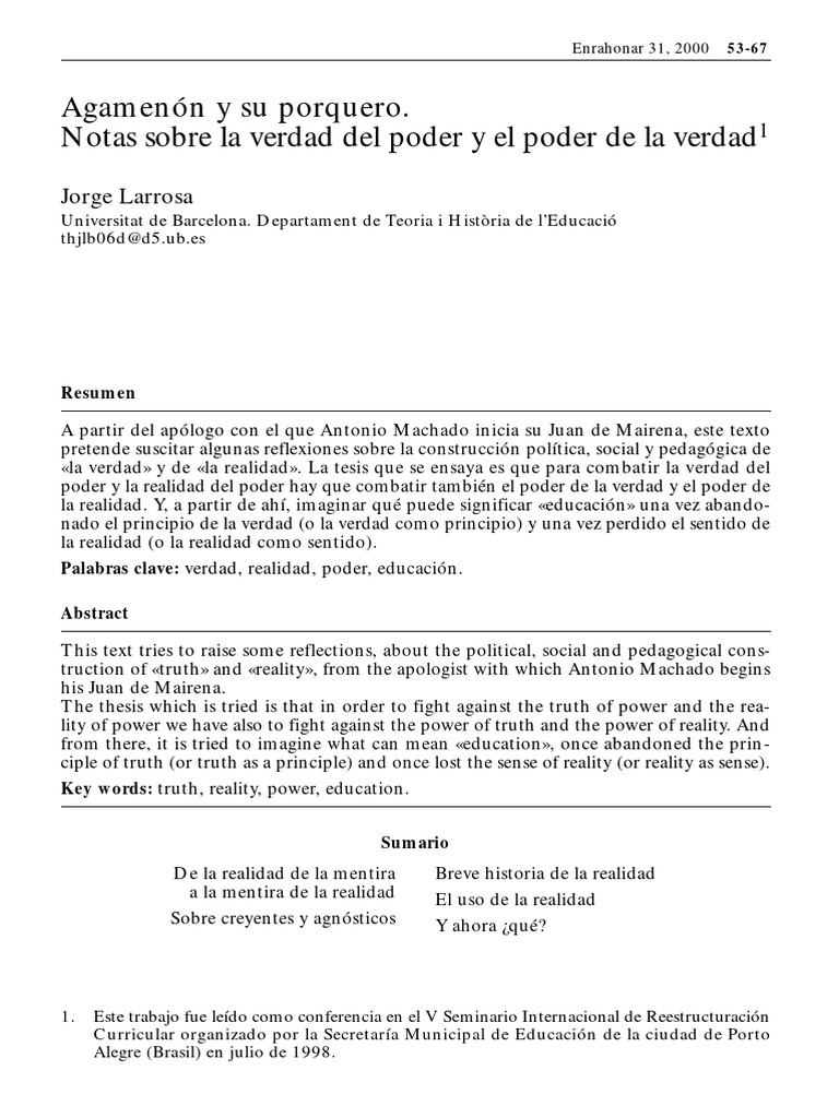 LARROSA, J. Agamenón y Su Porquero | PDF | Verdad | Realidad