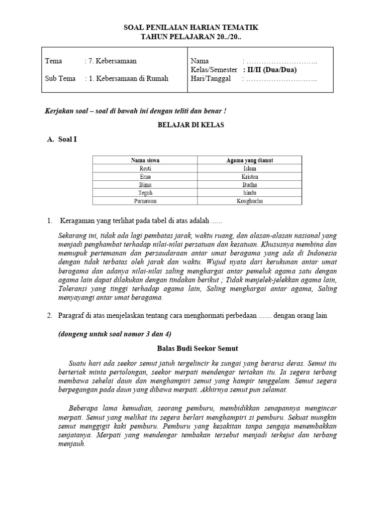 Soal PH KI-3 Kelas 2 Tema 7 Sub 1 - Websiteedukasi | PDF