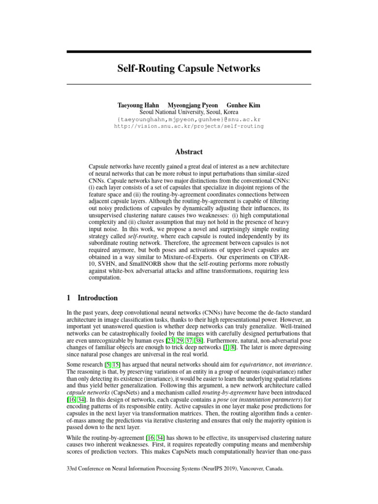 NeurIPS 2019 Self Routing Capsule Networks Paper | PDF | Computational Neuroscience | Machine ...