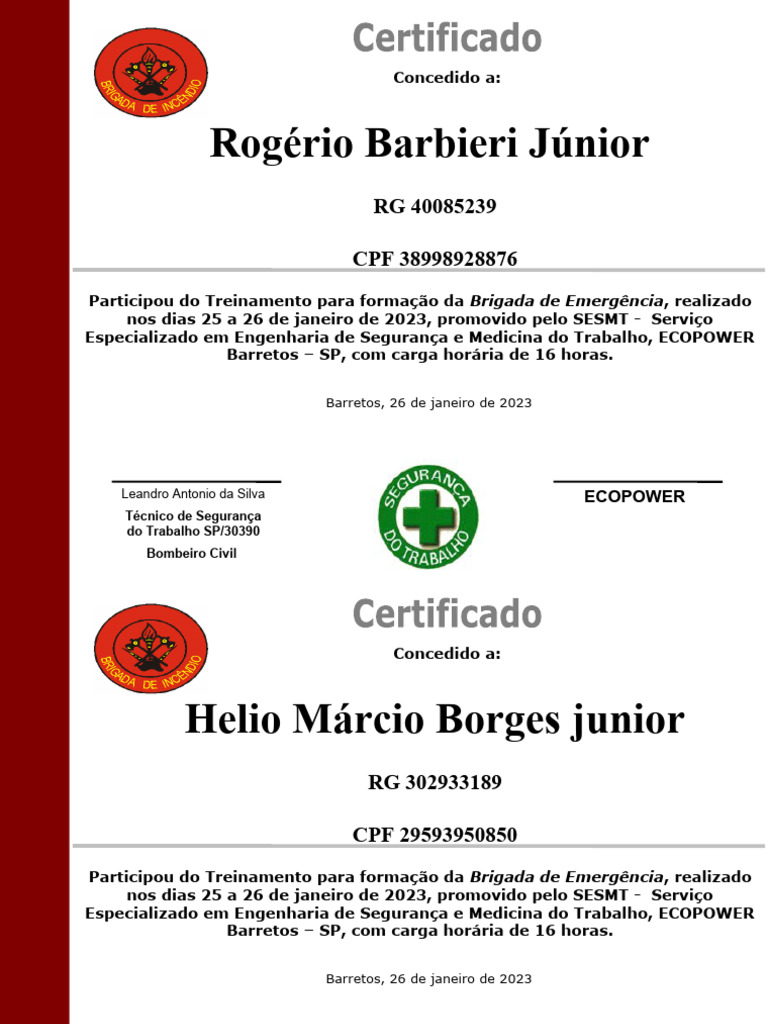 Certificado Da Brigada ECOPOWER | PDF | Primeiros socorros | Incêndios