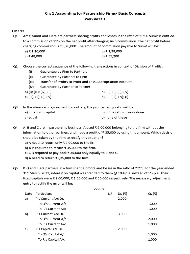CH 1 Accounting For Partnership Firms Basic Concepts Worksheet I | PDF ...