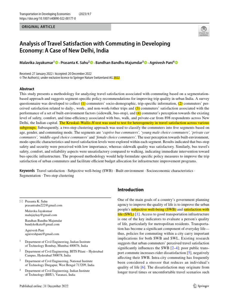 Analysis of Travel Satisfaction With Commuting in Developing Economy, A Case of New Delhi, India ...