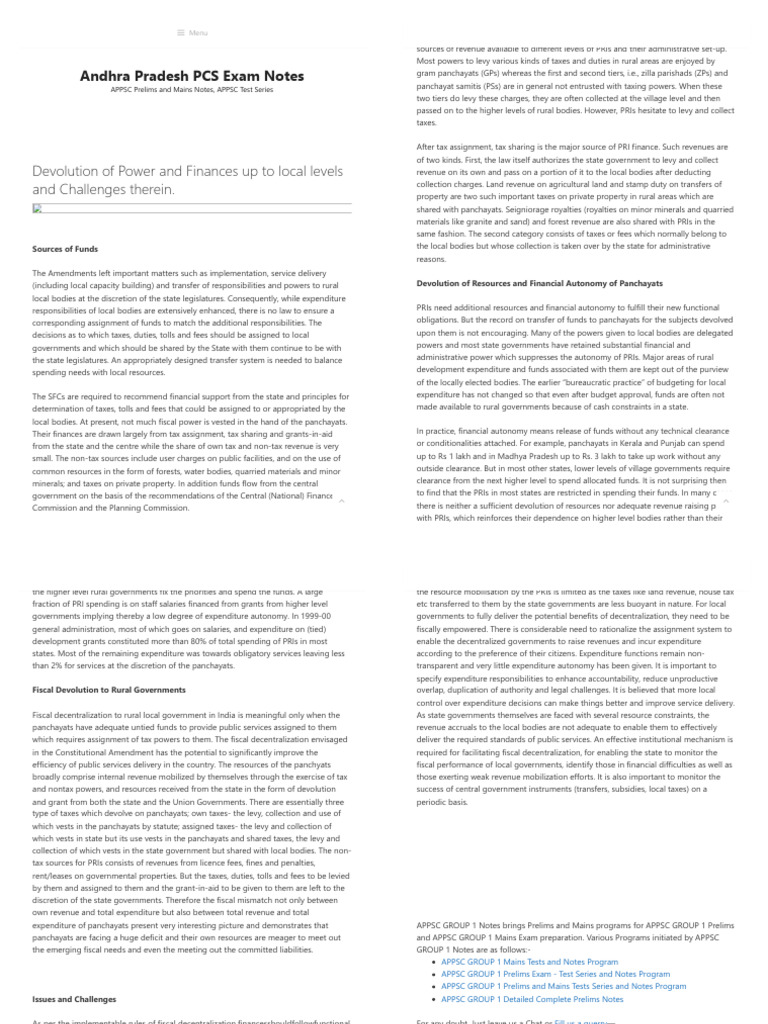 Devolution Of Power And Finances Up To Local Levels And Challenges Therein Andhra Pradesh Pcs