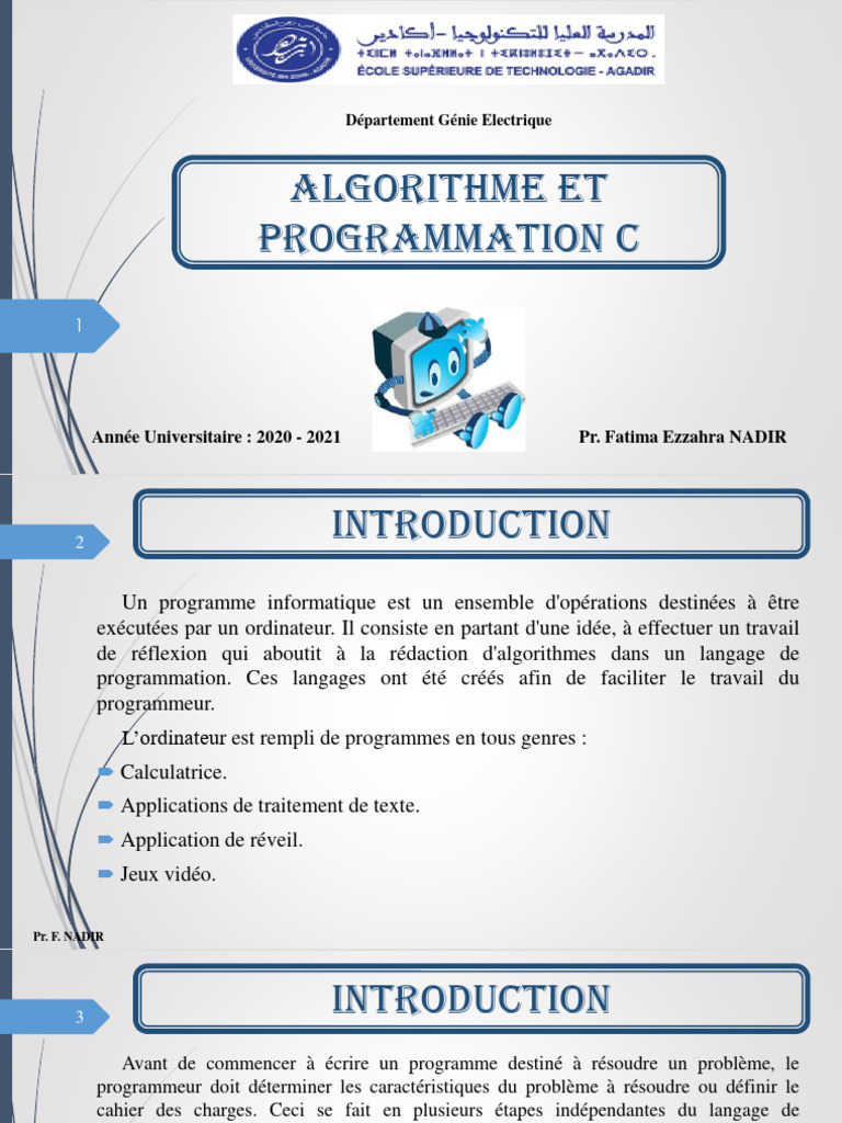 Cours Algorithme Pr. F. NADIR | PDF | Programmation | Programme ...