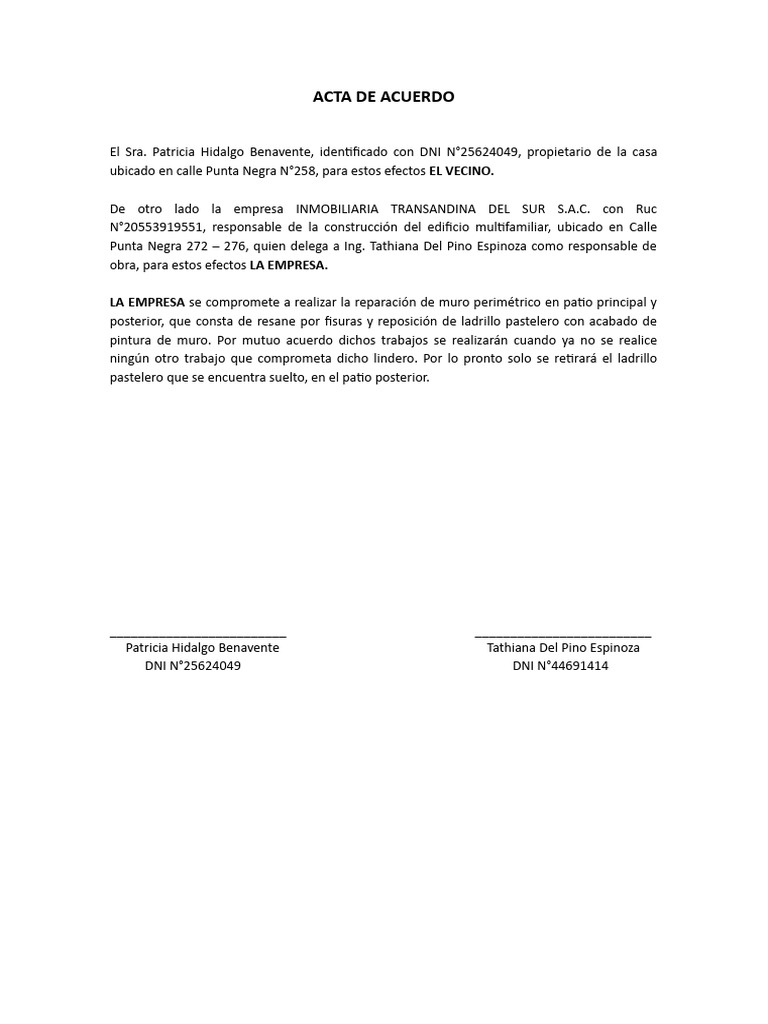 Acta de Acuerdo Vecinos | PDF