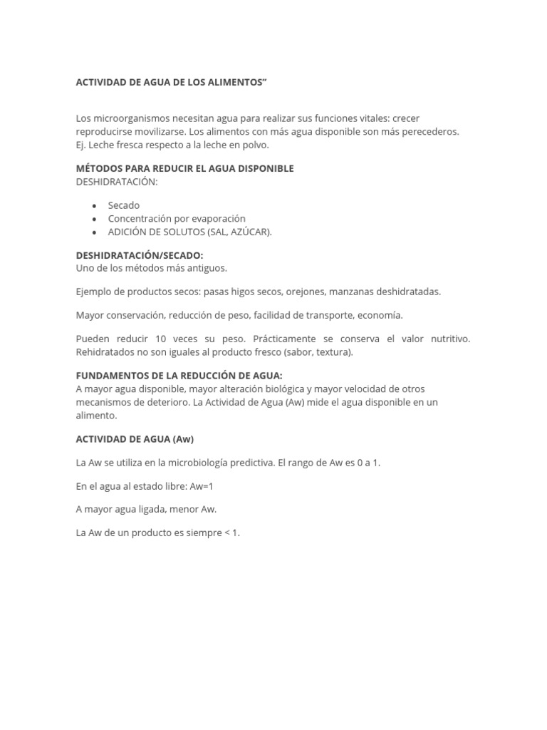Actividad de Agua de Los Alimentos | PDF | Cocina, comidas y vino ...