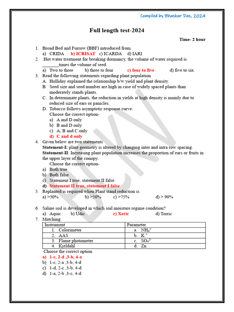 Test-2024 Ans Key | PDF | Soil | Agriculture