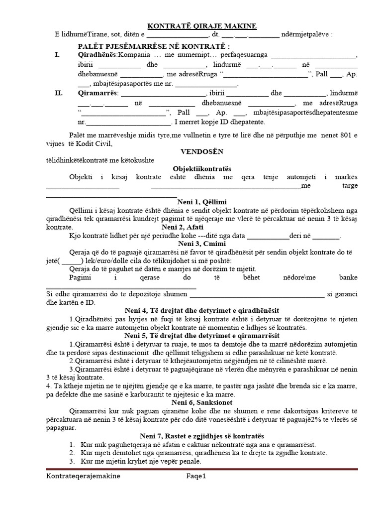 Kontrate Qiraje Makina Model 1 | PDF