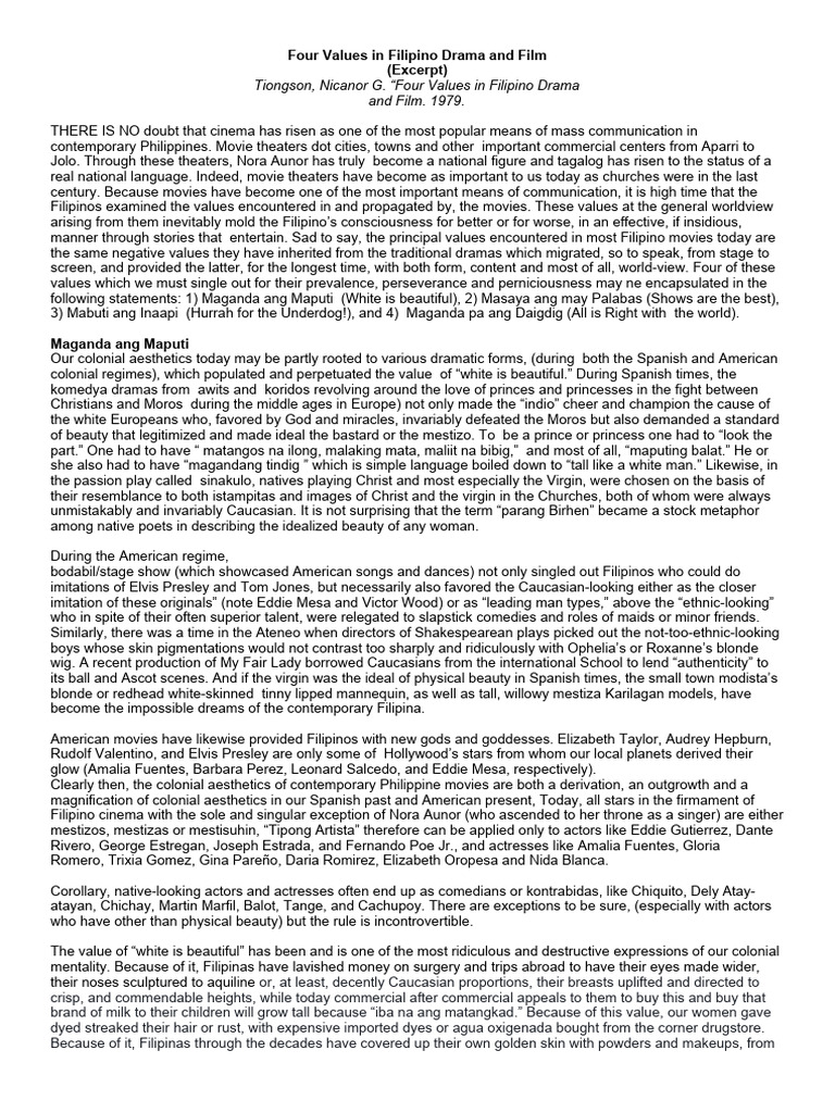 Four Values in Filipino Drama and Film - Tiongson | PDF