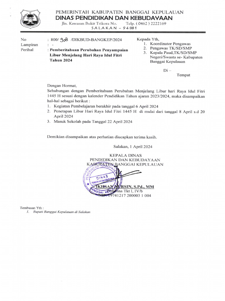 Libur Idul Fitri 2024 Dinas Pendidikan Bangkep | PDF