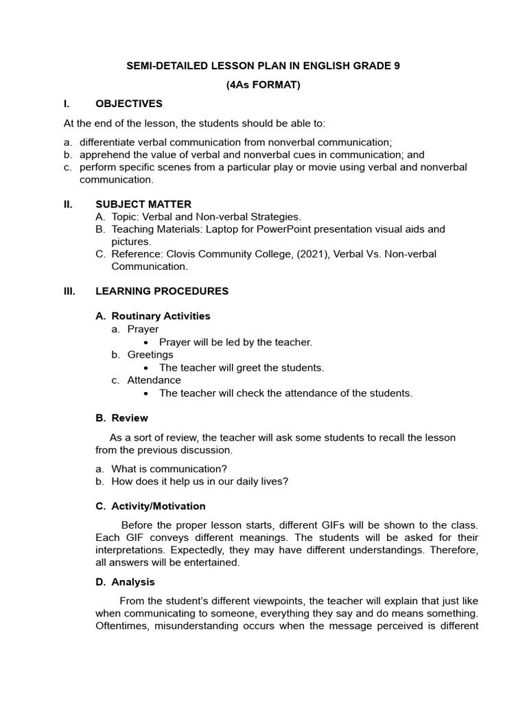 Grade 9 Lesson Plan: Verbal vs Non-Verbal Communication | PDF ...