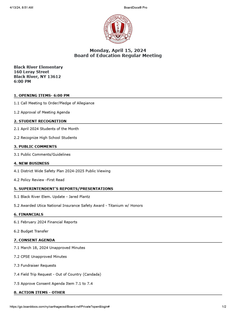 Carthage Central School District Board of Education Agenda April 15 ...