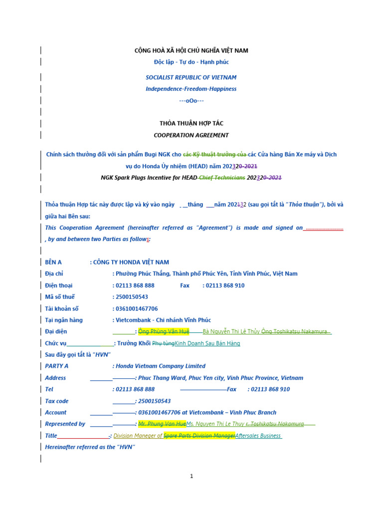 Thỏa Thuận Hợp Tác NITTERA 2023 | PDF