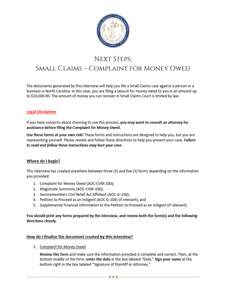 NC Next Steps - Small Claims Money Owed - DOWNLOAD - PRINT NOW | PDF ...