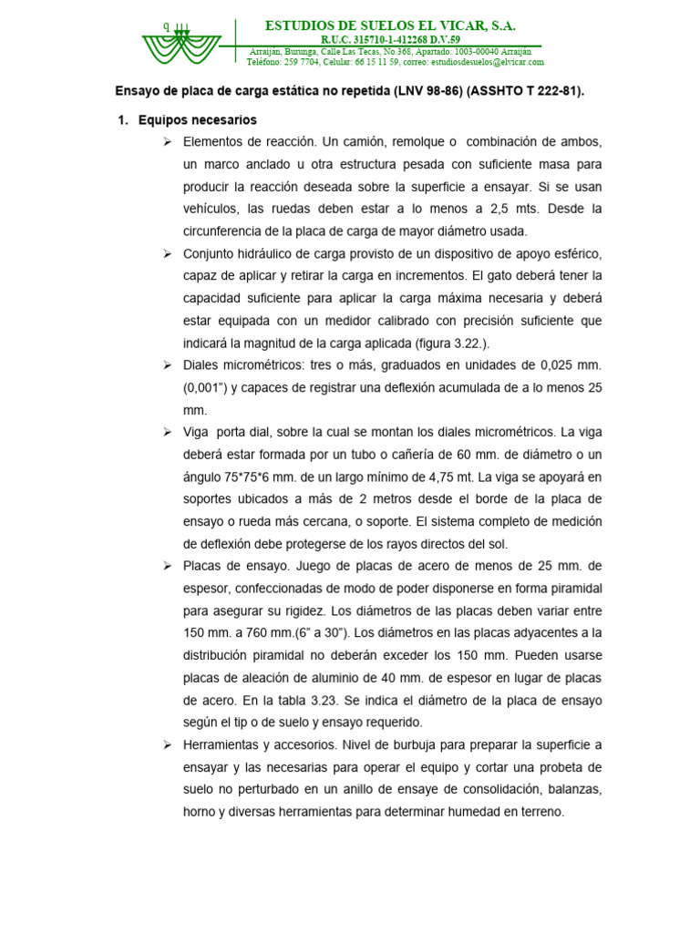 Procedimiento de Ensayo de Placa de Carga Estática No Repetida (LNV 98 ...