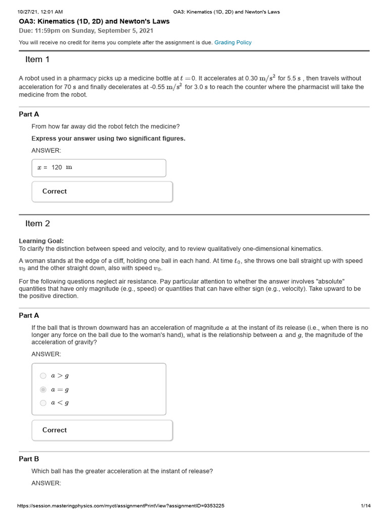 Oa03 Kinematics 1d 2d And Newtons Laws Pdf Pdf Acceleration Newtons Laws Of Motion