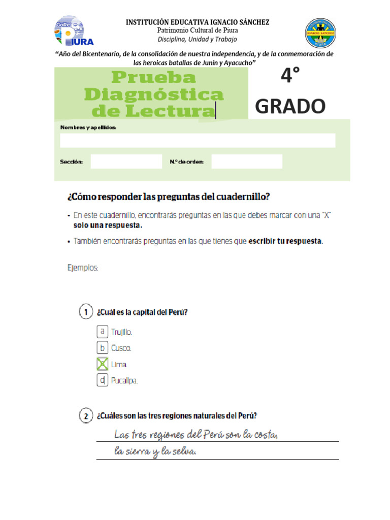 Prueba Diagnąstica Lectura - 4to Grado Secundaria | PDF | Sirena