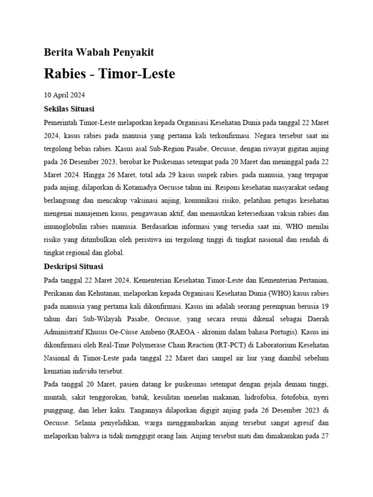 Rabies Di Timor Leste April | PDF