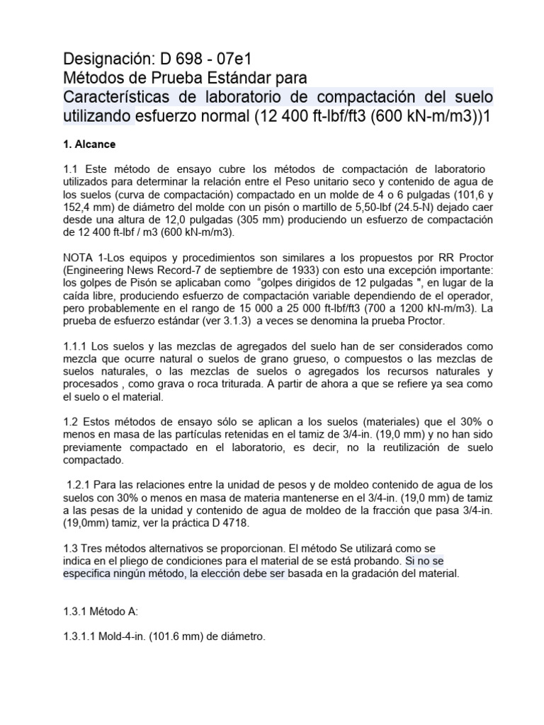 Normas ASTM D-698-07Proctor Estandar Español | PDF | Tecnología