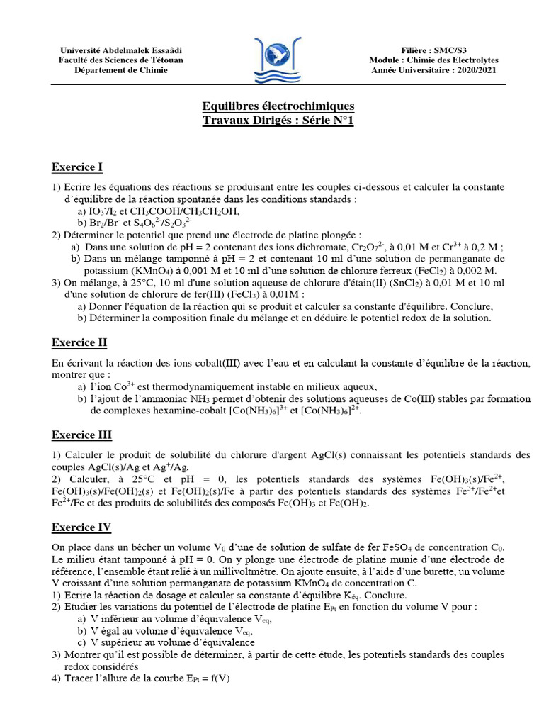 TD1 2020-2021 Corrigé | PDF | Réaction d'oxydoréduction | Équilibre chimique