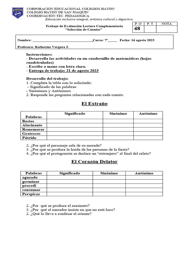 Trabajo de Evaluación_Selección de cuentos_7° básico | PDF