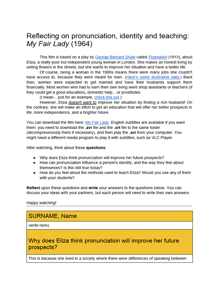 Micaela Cantero - Reflecting On Pronunciation - My Fair Lady (1964) | PDF