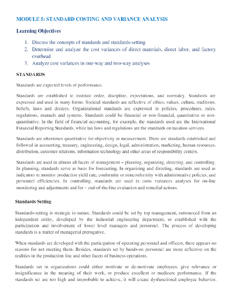 Module 5 Standard Costing and Variance Analysis | PDF