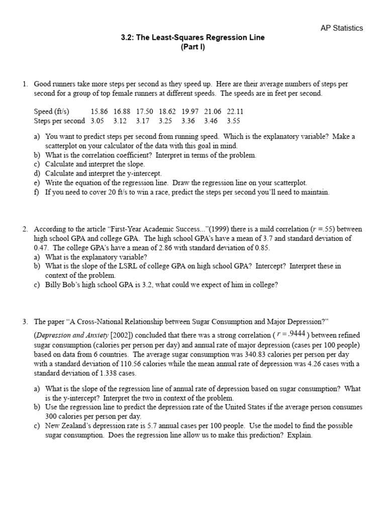3.2 LSRL Worksheet Parts I 1-4 | PDF | Linear Regression | Ordinary ...
