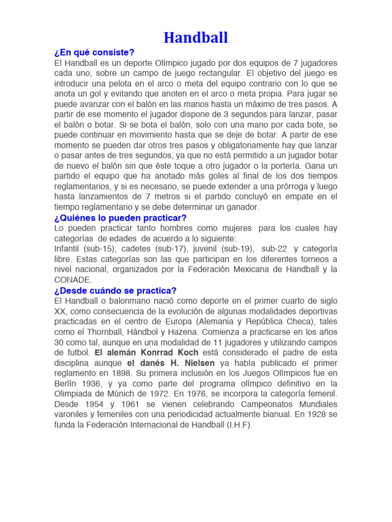 Handball Historia | PDF | Asociación de Futbol | Reglas y regulaciones ...