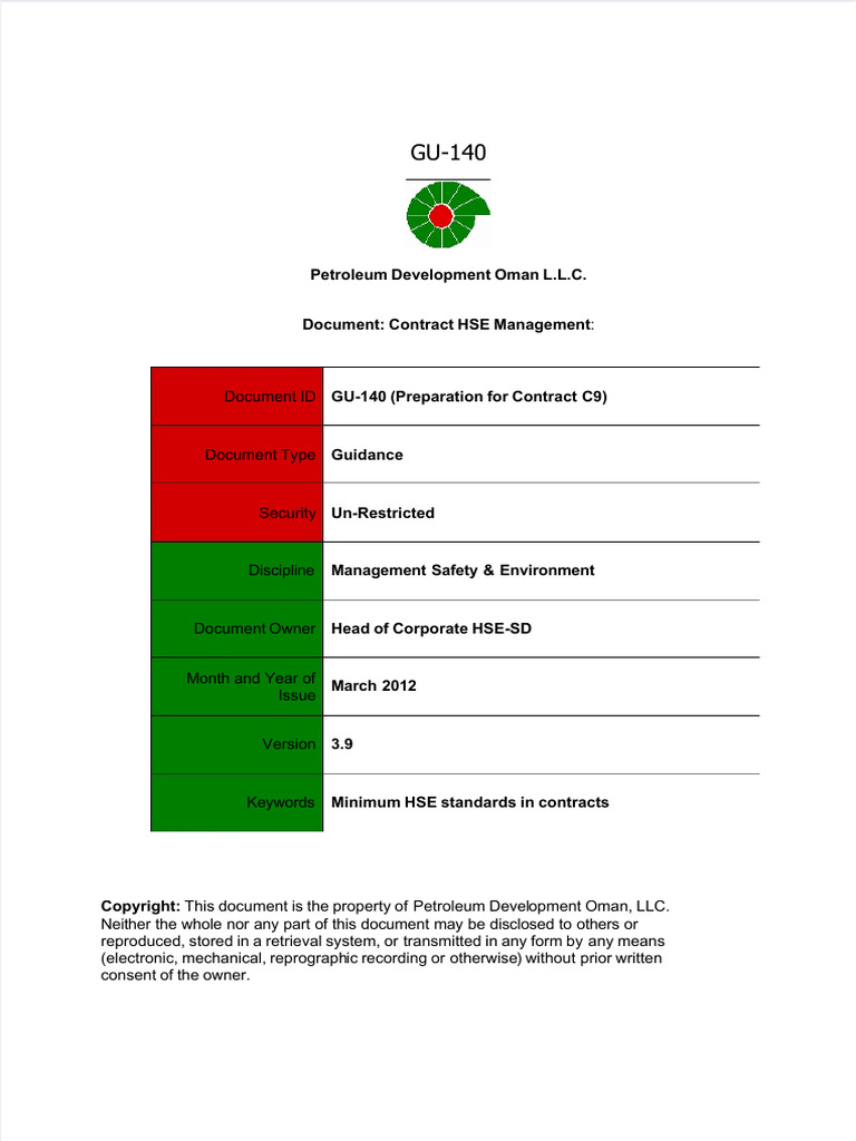 GU-140 (C9) 2012 Contract HSE Management | Download Free PDF | Hazards | Leak
