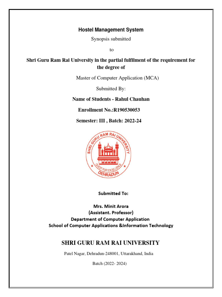 Hostel System Synopsis Mca 22 | PDF | Php | My Sql Hostel System Synopsis Mca 22 | PDF | Php | My Sql