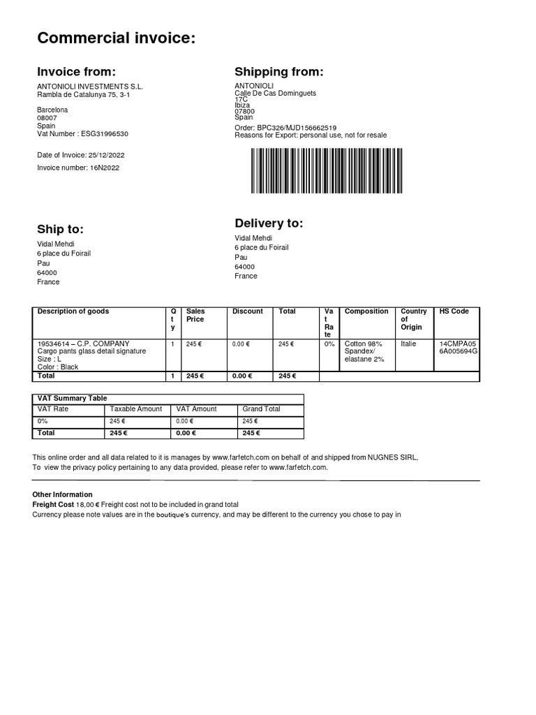 CP Company Invoice for Cargo Pants | PDF | Value Added Tax | Cargo