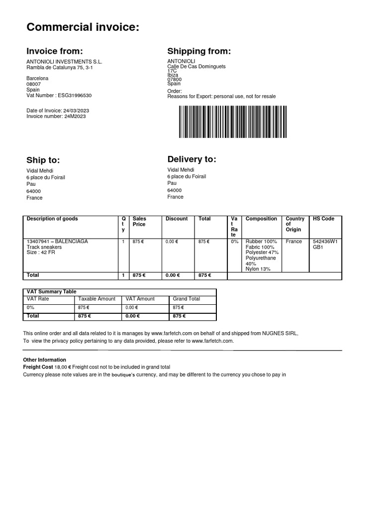 Commercial Invoice for Personal Use | PDF | Value Added Tax | Trade