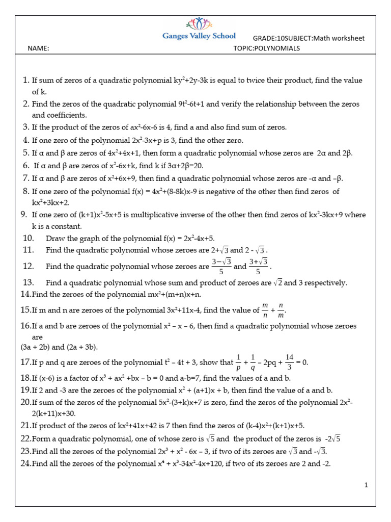 G-10 POLYNOMIALS Worksheet | PDF | Polynomial | Zero Of A Function