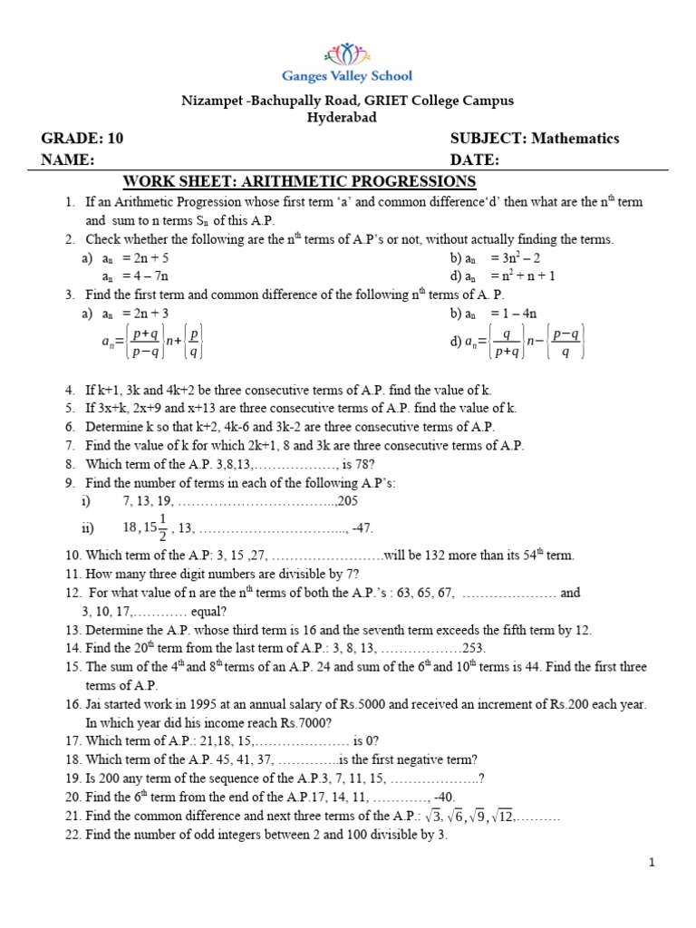 G-10 A.P (Arithmetic progressions)WORKSHEET | PDF | Mathematics | Arithmetic