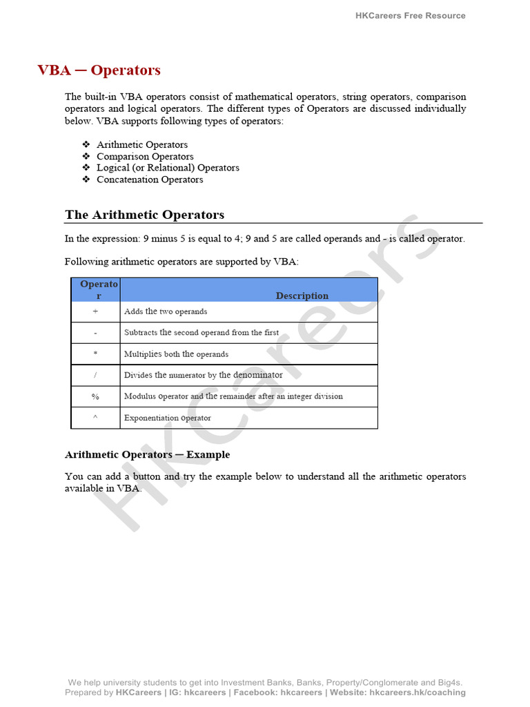 VBA Operators | PDF | Arithmetic | Mathematical Logic