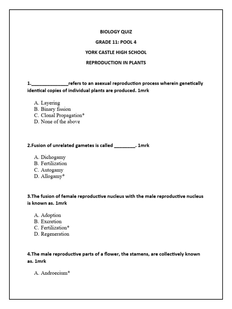 Grade 11 Plant Reproduction Quiz | PDF | Home & Garden | Wellness