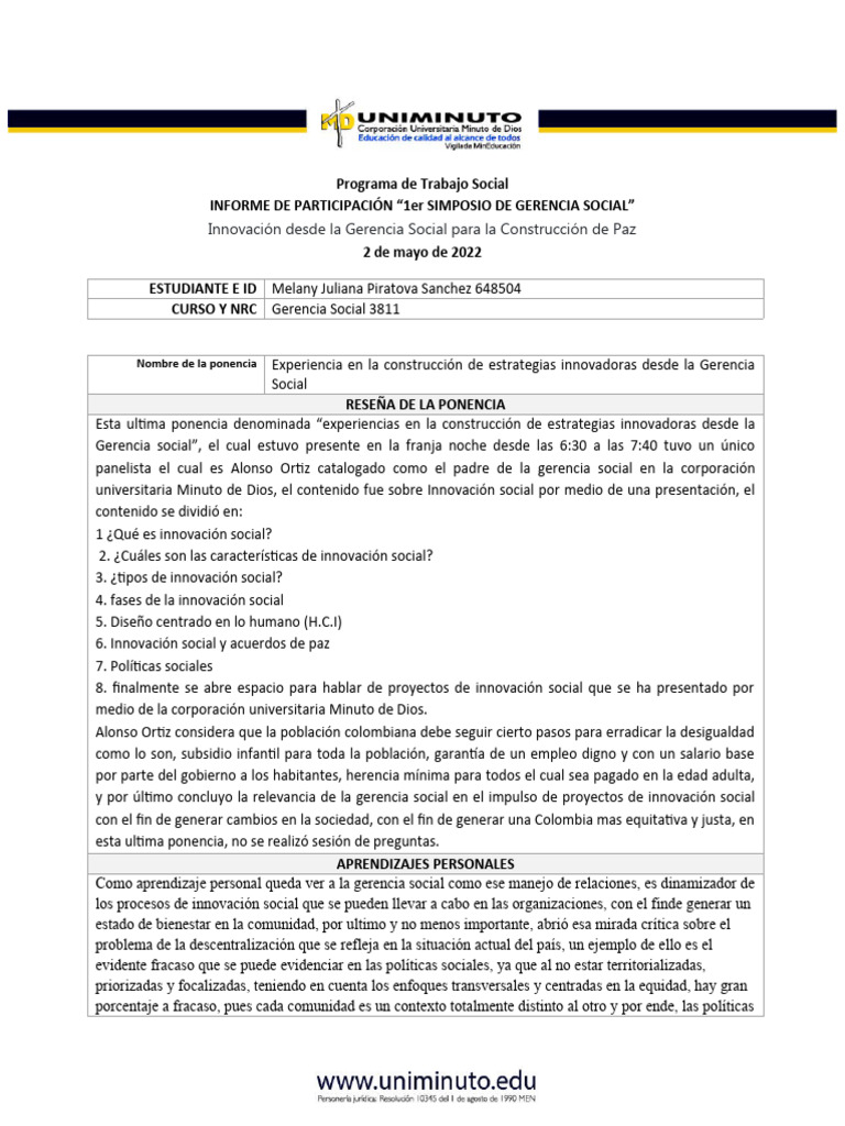 Formato Informe de Participación Simposio de Gerencia Social 2022-1 | PDF | Trabajo Social ...