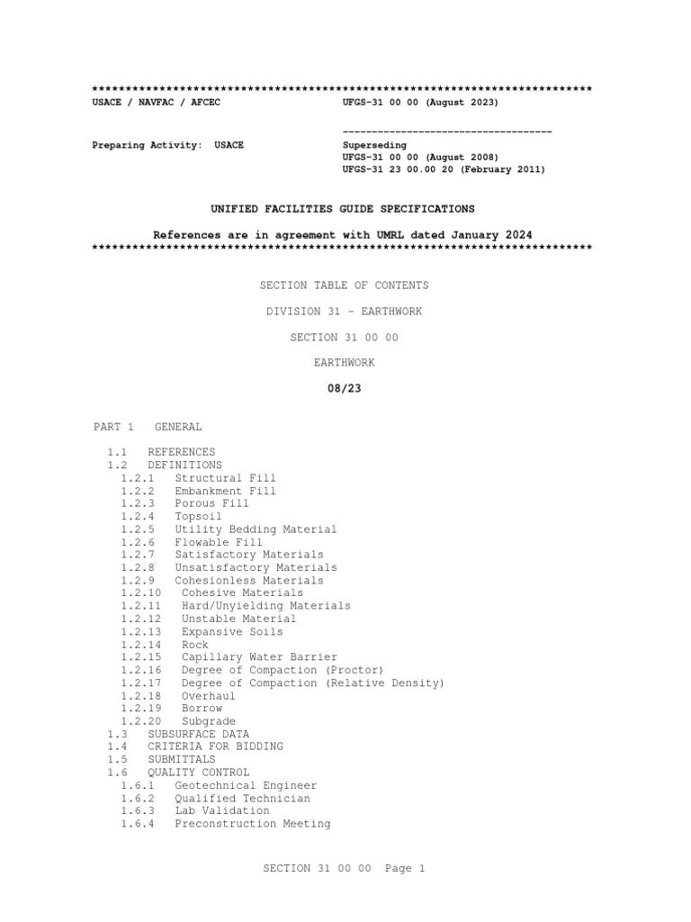 UFGS 31 00 00: Earthwork Specifications | PDF | Concrete | Construction ...