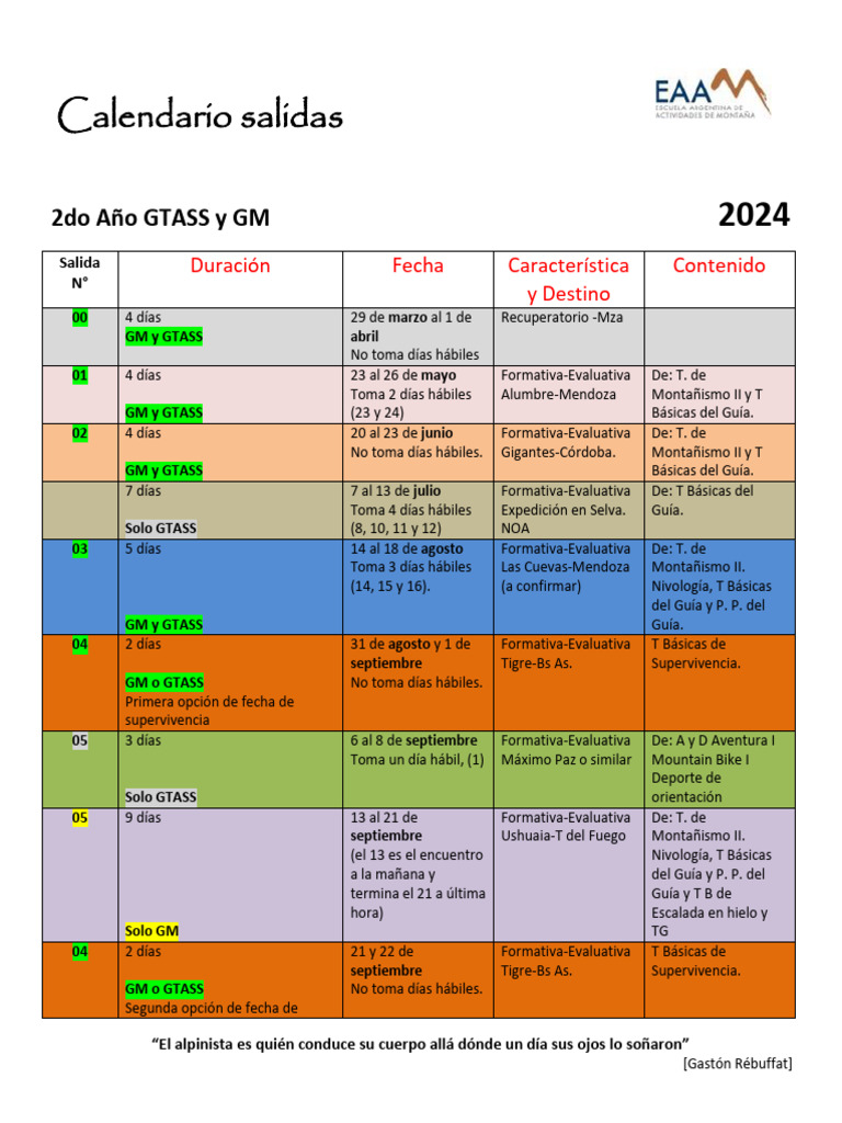Calendario Salidas GTASS-GM 2do An771o 2024 1 | PDF