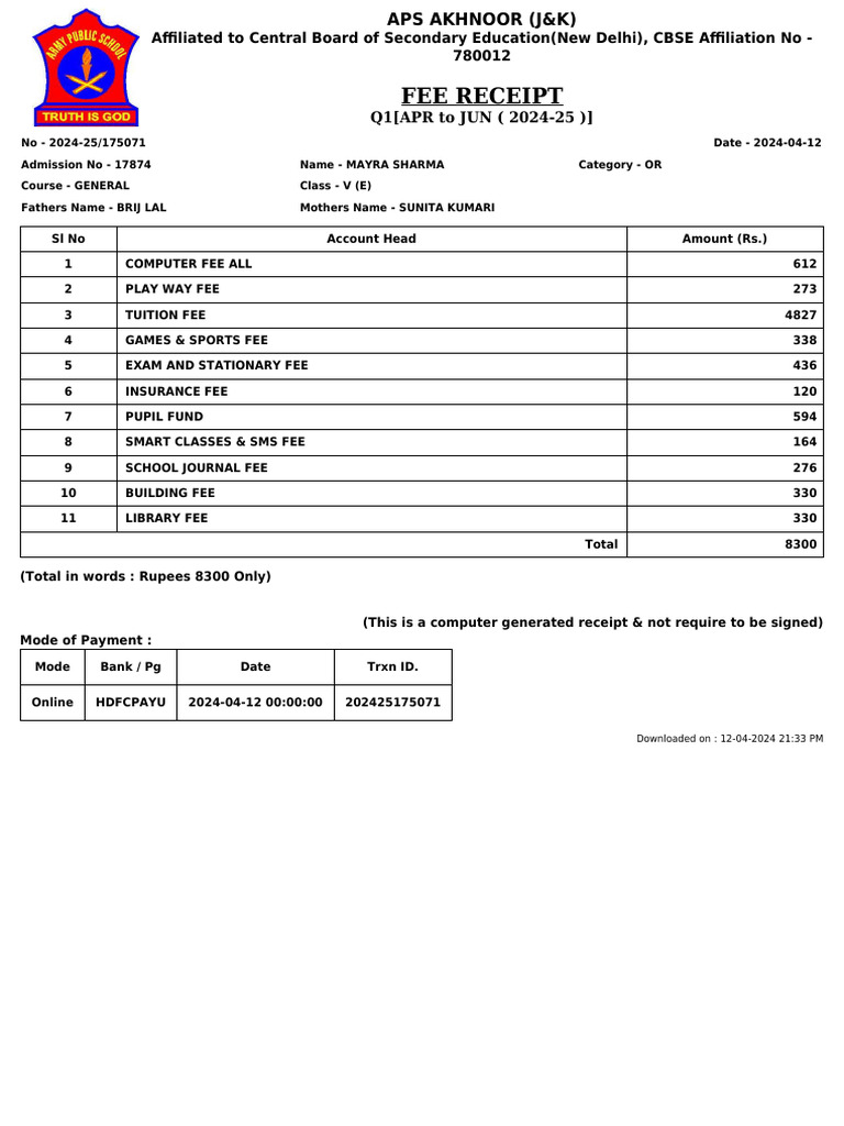 Fee Receipt | Download Free PDF | Educational Stages