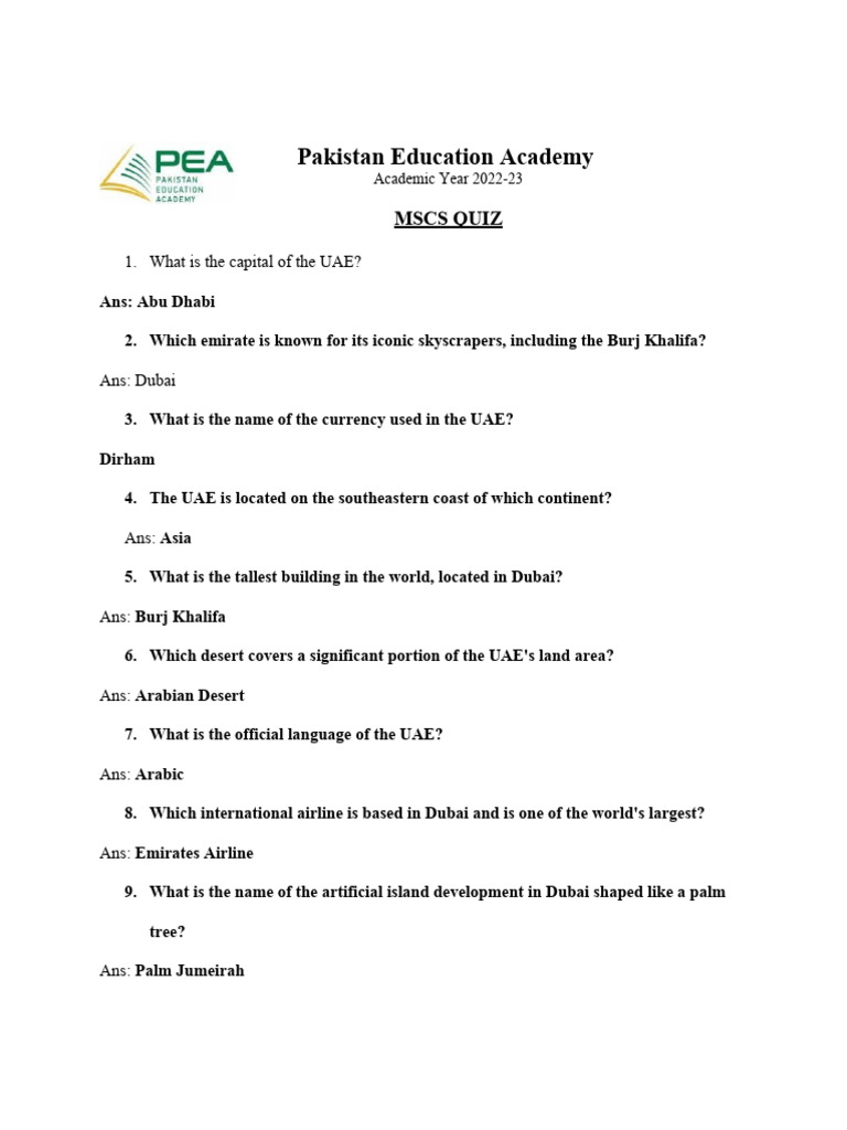 Uae Quiz 2023 | PDF | United Arab Emirates | Dubai