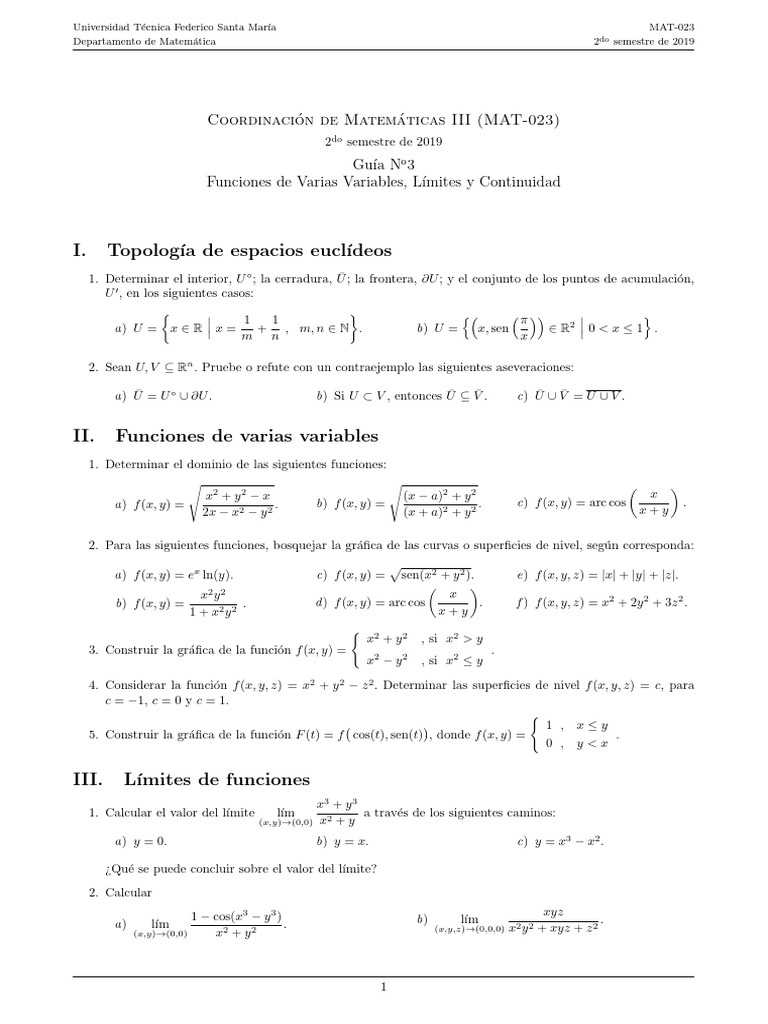 Guía de Ejercicios Unidad N°2 Funciones de Varias Variables - Varias Variables | PDF | Función ...